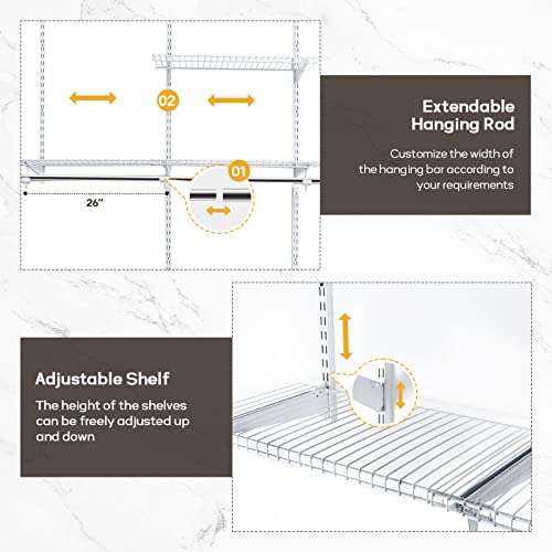 Homde Closet Organizer System Wall Mounted, 4-8 Ft Adjustable and Expandable Metal Wire Shelving Closet Kit, Custom DIY Wardrobe Closet Storage System with Shelf, Clothes Hanging Rods