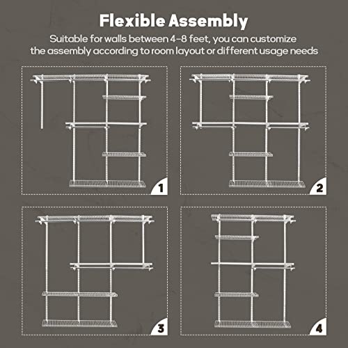 Homde Closet Organizer System Wall Mounted, 4-8 Ft Adjustable and Expandable Metal Wire Shelving Closet Kit, Custom DIY Wardrobe Closet Storage System with Shelf, Clothes Hanging Rods