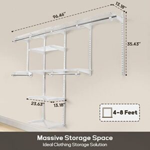 Homde Closet Organizer System Wall Mounted, 4-8 Ft Adjustable and Expandable Metal Wire Shelving Closet Kit, Custom DIY Wardrobe Closet Storage System with Shelf, Clothes Hanging Rods