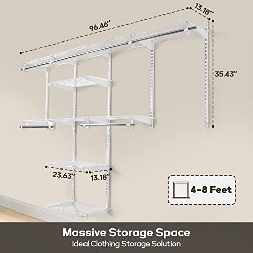 Homde Closet Organizer System Wall Mounted, 4-8 Ft Adjustable and Expandable Metal Wire Shelving Closet Kit, Custom DIY Wardrobe Closet Storage System with Shelf, Clothes Hanging Rods