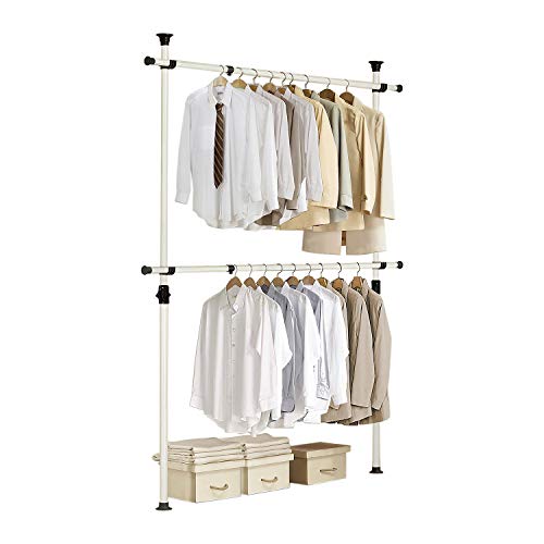 PRINCE HANGER, Closet System, One Touch Double Adjustable Clothes Rack, Clothing Rack, Garment Rack, Freestanding, Organizer, Heavy Duty, Tension Rod, Made in Korea (Ivory)