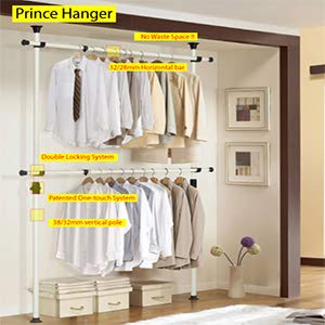 PRINCE HANGER, Closet System, One Touch Double Adjustable Clothes Rack, Clothing Rack, Garment Rack, Freestanding, Organizer, Heavy Duty, Tension Rod, Made in Korea (Ivory)