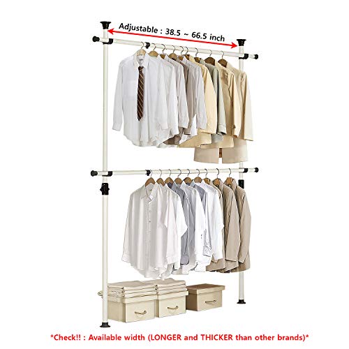 PRINCE HANGER, Closet System, One Touch Double Adjustable Clothes Rack, Clothing Rack, Garment Rack, Freestanding, Organizer, Heavy Duty, Tension Rod, Made in Korea (Ivory)