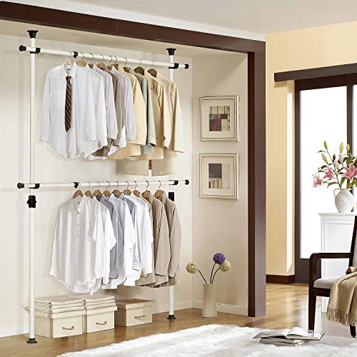 PRINCE HANGER, Closet System, One Touch Double Adjustable Clothes Rack, Clothing Rack, Garment Rack, Freestanding, Organizer, Heavy Duty, Tension Rod, Made in Korea (Ivory)