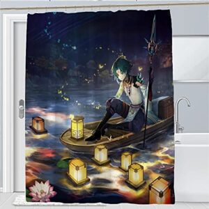 eicjlk shower curtain foot mat, xiao cartoon bathroom set, genshin impact square non-slip foot mat, polyester waterproof shower curtain, anime u-shaped mat