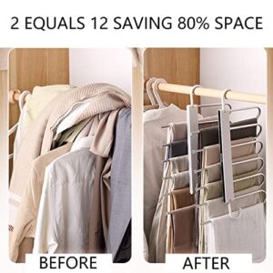 WudTus Pants Hangers Space Saving,2 Pack Closet Clothes Storage Organizer Clothes Hanger,6 Tier Non Slip Folding Stainless Steel Pants Skirt Magic Hangers for Scarf Jeans Trousers Ties Towels Leggings