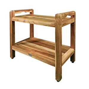 EcoDecors Eleganto Earthy Teak Shower Bench 2-Tier Wooden Seat Spa Shower Stool with Storage Shelf and LtAide Arms,for Indoor and Outdoor- 24 Inches