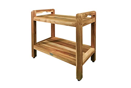 EcoDecors Eleganto Earthy Teak Shower Bench 2-Tier Wooden Seat Spa Shower Stool with Storage Shelf and LtAide Arms,for Indoor and Outdoor- 24 Inches