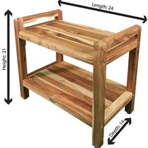 EcoDecors Eleganto Earthy Teak Shower Bench 2-Tier Wooden Seat Spa Shower Stool with Storage Shelf and LtAide Arms,for Indoor and Outdoor- 24 Inches