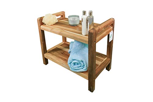 EcoDecors Eleganto Earthy Teak Shower Bench 2-Tier Wooden Seat Spa Shower Stool with Storage Shelf and LtAide Arms,for Indoor and Outdoor- 24 Inches