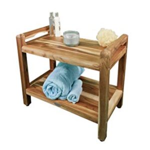 EcoDecors Eleganto Earthy Teak Shower Bench 2-Tier Wooden Seat Spa Shower Stool with Storage Shelf and LtAide Arms,for Indoor and Outdoor- 24 Inches