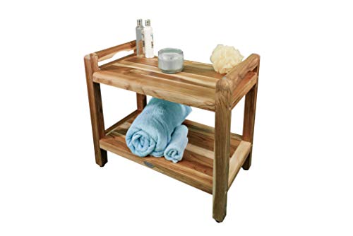 EcoDecors Eleganto Earthy Teak Shower Bench 2-Tier Wooden Seat Spa Shower Stool with Storage Shelf and LtAide Arms,for Indoor and Outdoor- 24 Inches