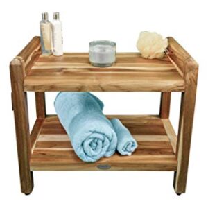 EcoDecors Eleganto Earthy Teak Shower Bench 2-Tier Wooden Seat Spa Shower Stool with Storage Shelf and LtAide Arms,for Indoor and Outdoor- 24 Inches