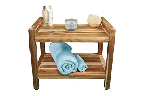 EcoDecors Eleganto Earthy Teak Shower Bench 2-Tier Wooden Seat Spa Shower Stool with Storage Shelf and LtAide Arms,for Indoor and Outdoor- 24 Inches