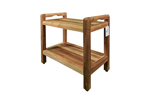 EcoDecors Eleganto Earthy Teak Shower Bench 2-Tier Wooden Seat Spa Shower Stool with Storage Shelf and LtAide Arms,for Indoor and Outdoor- 24 Inches