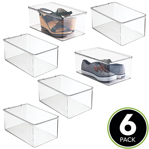 mDesign Stackable Plastic Closet Storage Container Bin Box with Hinge Lid for Organizing Shoes, Booties, Pumps, Sandals, Wedges, Flats, Heels - Lumiere Collection - 6 Pack - Clear