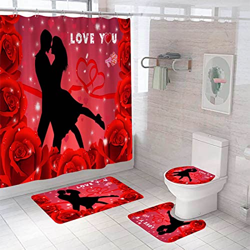 Red Roses Shower Curtain 3D Printed, Lovers 4Pcs Bathroom Decor Set, with Non-Slip Rug, Toilet Lid Cover and Bath Mat, Durable Waterproof Bath Curtain with 12 Hooks-59" X 72"