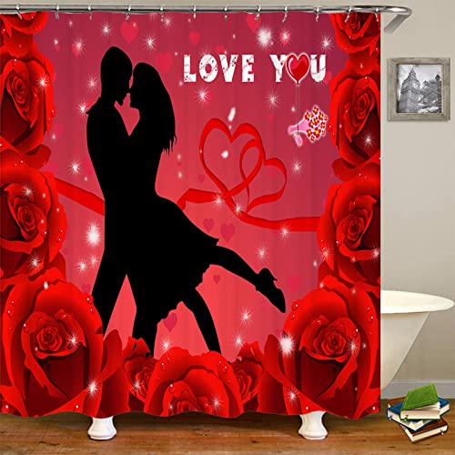 Red Roses Shower Curtain 3D Printed, Lovers 4Pcs Bathroom Decor Set, with Non-Slip Rug, Toilet Lid Cover and Bath Mat, Durable Waterproof Bath Curtain with 12 Hooks-59" X 72"