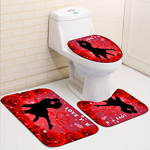 Red Roses Shower Curtain 3D Printed, Lovers 4Pcs Bathroom Decor Set, with Non-Slip Rug, Toilet Lid Cover and Bath Mat, Durable Waterproof Bath Curtain with 12 Hooks-59" X 72"