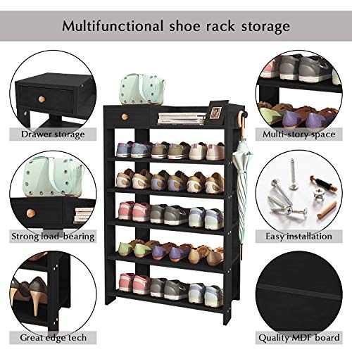 Jerry & Maggie -Wood MDF Board Shoe Rack Shelf with One Drawer Clothes Rack Shoe Storage Shelves Free Standing Flat Racks Classic Style - Multi Function Shelf Organizer (Black, 30" x 12" x 38")