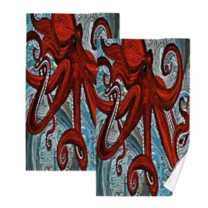 blueangle wavy red octopus print pure cotton hand towels for bath decorative guest towels fingertip towels for bathroom spa gym, 2-piece, 16 x 28 inches（369）