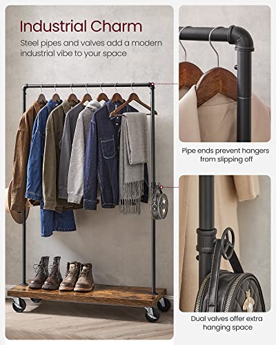 VASAGLE Clothes Rack, Heavy Duty Clothing Rack, Industrial Pipe Style Rolling Garment Rack with Shelf, for Bedroom, Laundry Room, Retail Store, Rustic Brown and Black UHSR65BX