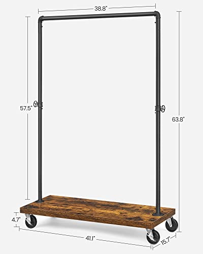 VASAGLE Clothes Rack, Heavy Duty Clothing Rack, Industrial Pipe Style Rolling Garment Rack with Shelf, for Bedroom, Laundry Room, Retail Store, Rustic Brown and Black UHSR65BX