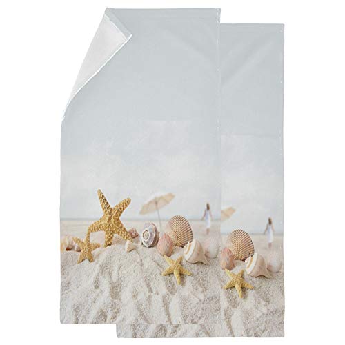 Naanle Beautiful Sandy Beach Starfish Seashells Luxury 2-Pack Soft Highly Absorbent Fluffy Guest Decor Hand Towels, Multipurpose for Bathroom, Hotel, Gym and Spa (14" x 28",White Beige)