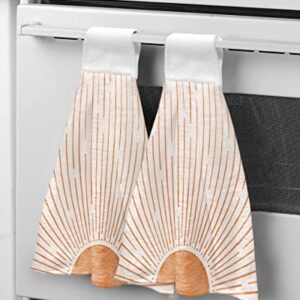 Mid Century Boho Orange Sun Aesthetic Striped Hanging Tie Towel for Kitchen Bathroom, 2 Pack Durable Absorbent Hand Towels Hangable Washing Cloths Home Cleaning Decor Retro Beige