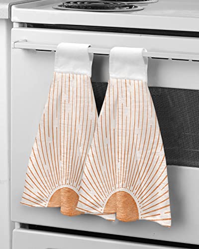 Mid Century Boho Orange Sun Aesthetic Striped Hanging Tie Towel for Kitchen Bathroom, 2 Pack Durable Absorbent Hand Towels Hangable Washing Cloths Home Cleaning Decor Retro Beige