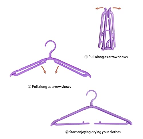 Fineget Travel Hangers with Clips Foldable Plastic Clothes Coat Shoes Socks Shorts Skirt Shirt Hangers Non Slip Heavy Duty Hangers Purple 4 PCS + 8 Clips