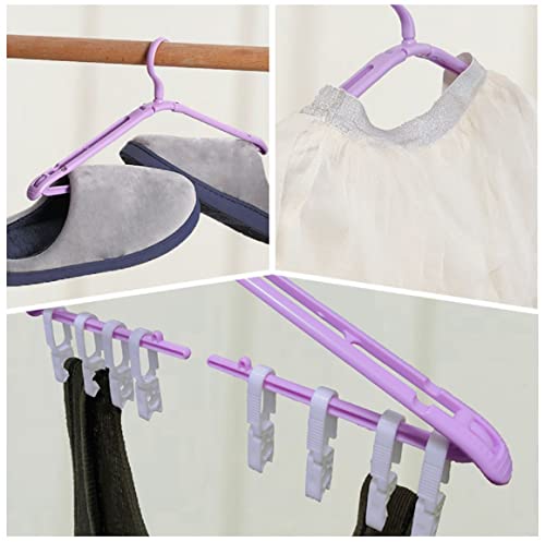 Fineget Travel Hangers with Clips Foldable Plastic Clothes Coat Shoes Socks Shorts Skirt Shirt Hangers Non Slip Heavy Duty Hangers Purple 4 PCS + 8 Clips