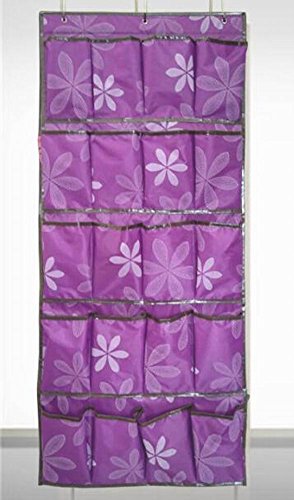 Black Temptation 20 Pockets Over The Door Shoe Organizers Hanging Storage Bag, Flower Purple