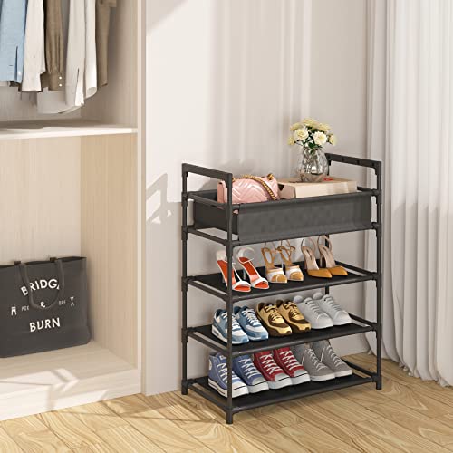 Boeeoan 4-Tier Stackable Shoe Rack Plus Storage Bag, sturdy Shoe Shelf, Non-woven Fabric Shoe Shelf with Storage Organizer, Black