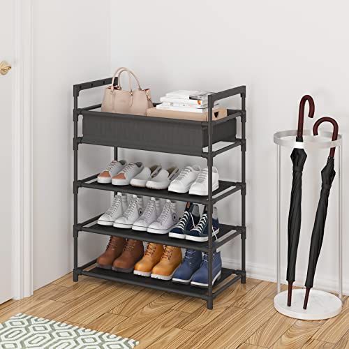 Boeeoan 4-Tier Stackable Shoe Rack Plus Storage Bag, sturdy Shoe Shelf, Non-woven Fabric Shoe Shelf with Storage Organizer, Black