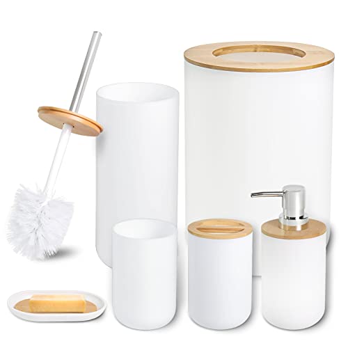 6 Pcs White Bathroom Accessories, Bamboo Bathroom Accessories, Includes Soap Dispenser, Toothbrush Holder,Rinse Cup,Soap Dish, Waste Bin,Toilet Brush-Practical Toilet Kit for Home Washing Room (White)