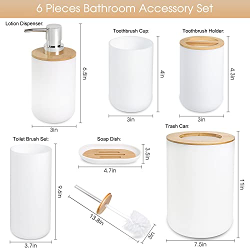 6 Pcs White Bathroom Accessories, Bamboo Bathroom Accessories, Includes Soap Dispenser, Toothbrush Holder,Rinse Cup,Soap Dish, Waste Bin,Toilet Brush-Practical Toilet Kit for Home Washing Room (White)