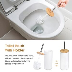 6 Pcs White Bathroom Accessories, Bamboo Bathroom Accessories, Includes Soap Dispenser, Toothbrush Holder,Rinse Cup,Soap Dish, Waste Bin,Toilet Brush-Practical Toilet Kit for Home Washing Room (White)