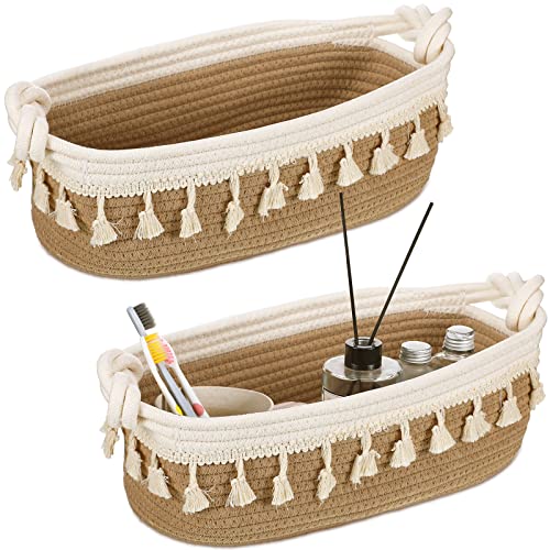 2 Pieces Small Rope Basket Tassel Lace Baskets Small Cotton Rope Woven Basket Storage Boho Decor Baskets Toilet Paper Baskets for Bathroom