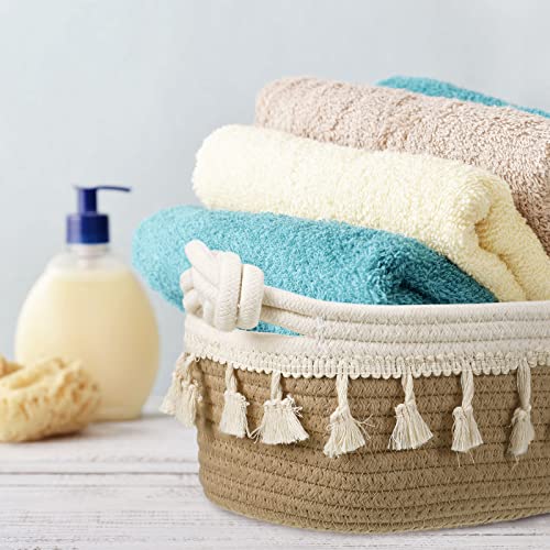 2 Pieces Small Rope Basket Tassel Lace Baskets Small Cotton Rope Woven Basket Storage Boho Decor Baskets Toilet Paper Baskets for Bathroom