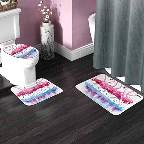 HOSNYE Flamingos Bathroom Rugs and Mats Sets 3 Piece Nature Wildlife Pink Elegant Flamingos Watercolor Painting Bath Mat U-Shaped Contour Shower Mat Toilet Lid Cover