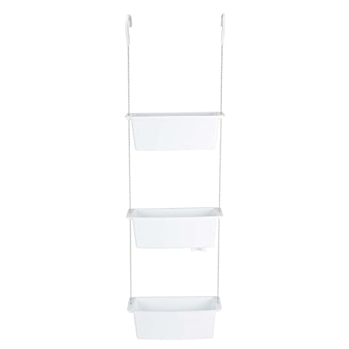 Bath Bliss 3 Tier Hanging Suction White Shower Caddy | Dimensions: 4"x 11.3"x 34.7" | 2 Hooks Mounted on Shower Head | Glass Shower Door | Great for Hold Bottles | Suction Cup Hold