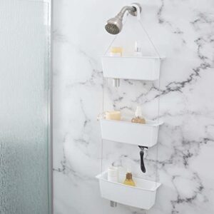 Bath Bliss 3 Tier Hanging Suction White Shower Caddy | Dimensions: 4"x 11.3"x 34.7" | 2 Hooks Mounted on Shower Head | Glass Shower Door | Great for Hold Bottles | Suction Cup Hold