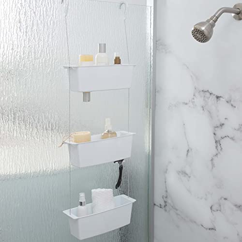 Bath Bliss 3 Tier Hanging Suction White Shower Caddy | Dimensions: 4"x 11.3"x 34.7" | 2 Hooks Mounted on Shower Head | Glass Shower Door | Great for Hold Bottles | Suction Cup Hold