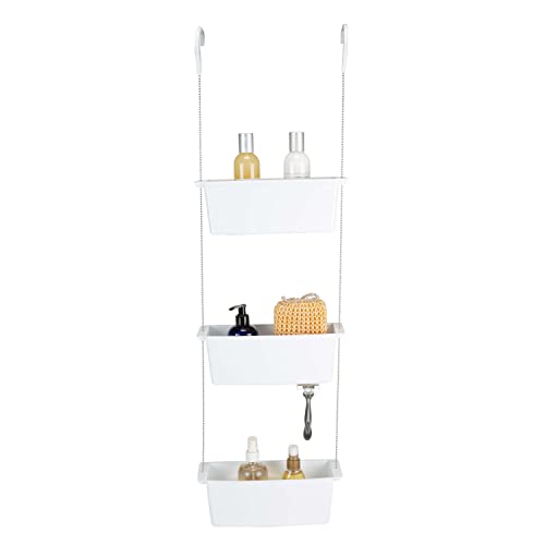 Bath Bliss 3 Tier Hanging Suction White Shower Caddy | Dimensions: 4"x 11.3"x 34.7" | 2 Hooks Mounted on Shower Head | Glass Shower Door | Great for Hold Bottles | Suction Cup Hold