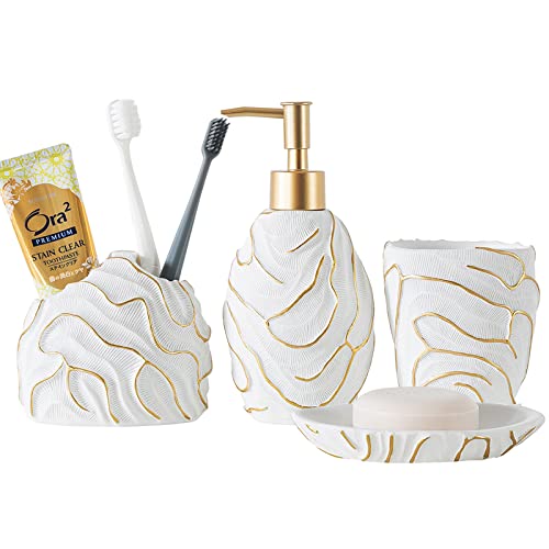 Ethlomoer Bathroom Accessory Set, 4 Pieces White&Gold Bathroom Accessories with Soap Dispenser and Toothbrush Holder Set, Boho Bathroom Accessories, Gift for Women and Men