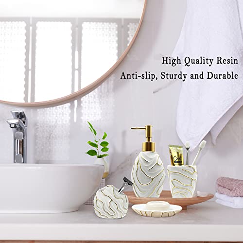 Ethlomoer Bathroom Accessory Set, 4 Pieces White&Gold Bathroom Accessories with Soap Dispenser and Toothbrush Holder Set, Boho Bathroom Accessories, Gift for Women and Men