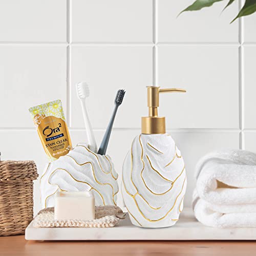 Ethlomoer Bathroom Accessory Set, 4 Pieces White&Gold Bathroom Accessories with Soap Dispenser and Toothbrush Holder Set, Boho Bathroom Accessories, Gift for Women and Men