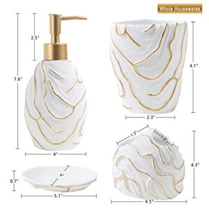 Ethlomoer Bathroom Accessory Set, 4 Pieces White&Gold Bathroom Accessories with Soap Dispenser and Toothbrush Holder Set, Boho Bathroom Accessories, Gift for Women and Men