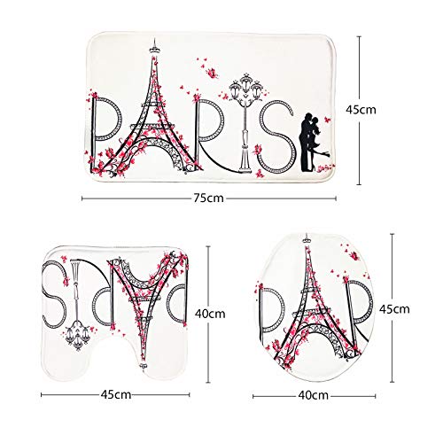 Amagical Paris Tower Eiffel with Paris Lettering Pink Flowers Couple Trip Print 16 Piece Bathroom Mat Set Shower Curtain Set Bath Mat Contour Mat Toilet Cover Shower Curtain 12 Hooks